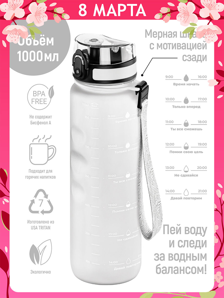 Бутылка для воды спортивная 1000 мл Elan Gallery Style Matte, белая, мотивационная, 7,8х7,8х28,5 см