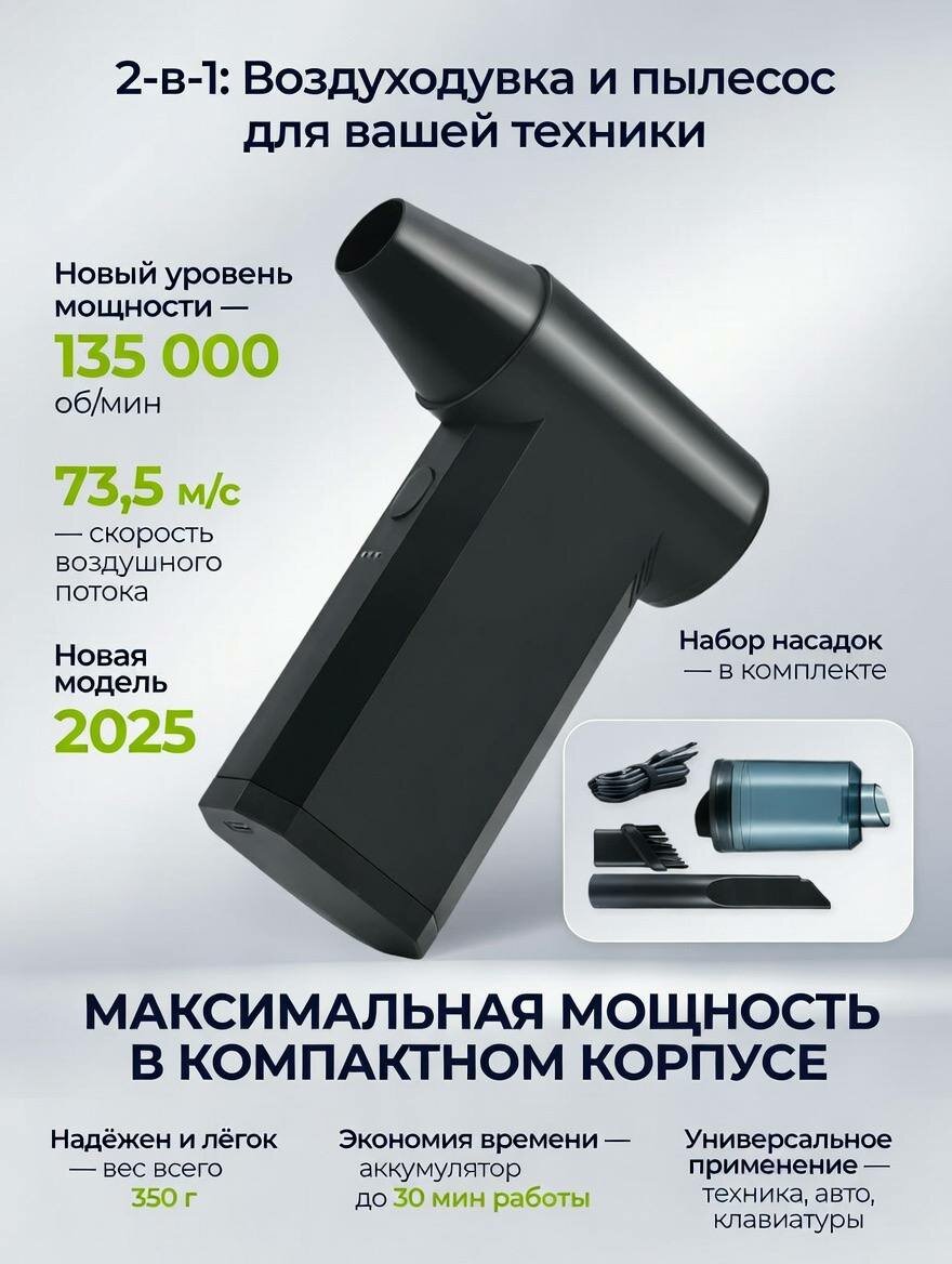 Аккумуляторная воздуходувка, для чистки компьютера, комплект насадок, синяя коробка