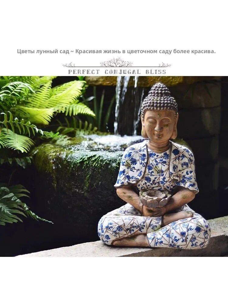 Садовая фигурка Buddha в стиле китайской керамики с сине-белым узором, из экологичного магнезитного оксида, для украшения сада — фото 1