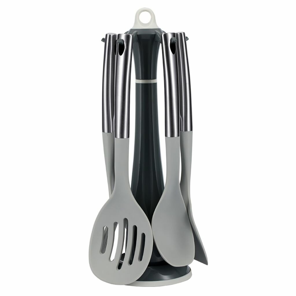 Кухонный набор КНР "Linea CUCINA", 6 предметов, половник, лопатка с прорезями, шумовка с прорезями, сервировочная ложка, сервировочная лопатка, пластиковая подставка, силикон-пластик (74-100)