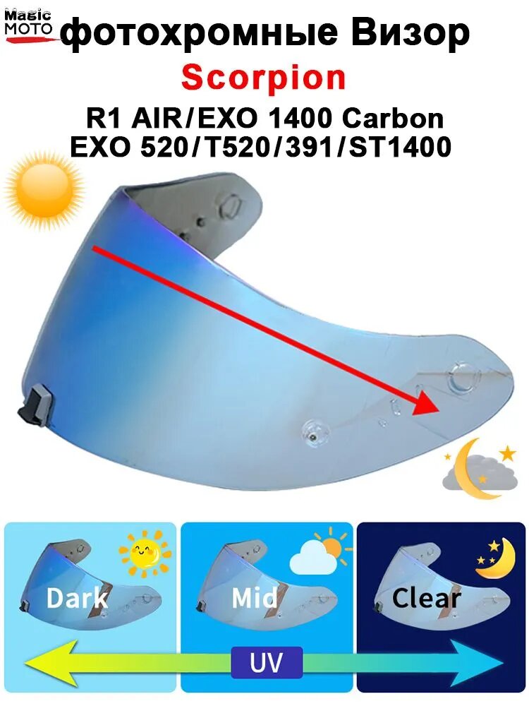 Визор для мотошлема Scorpion Exo 1400 Carbon, R1 Air, EXO 520 фотохромный темно-синий