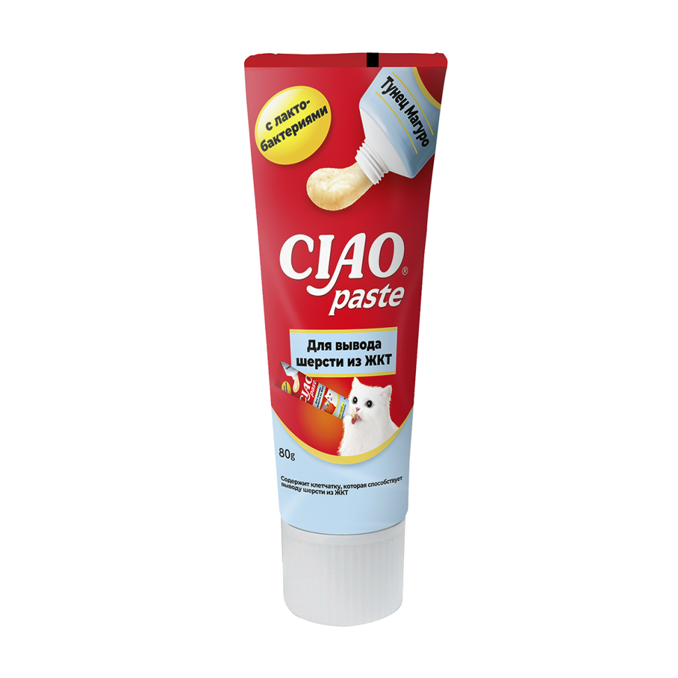 Inaba Ciao Paste лакомство паста для взрослых кошек для вывода шерсти из ЖКТ с тунцом Магуро и лактобактериями - 80 г
