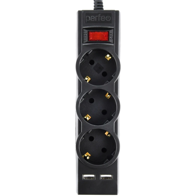 PERFEO (PF_E1643) "POWER-S", 5,0м, 3 розетки 10А, 2USB, 2500 Вт, двойная защита, черный