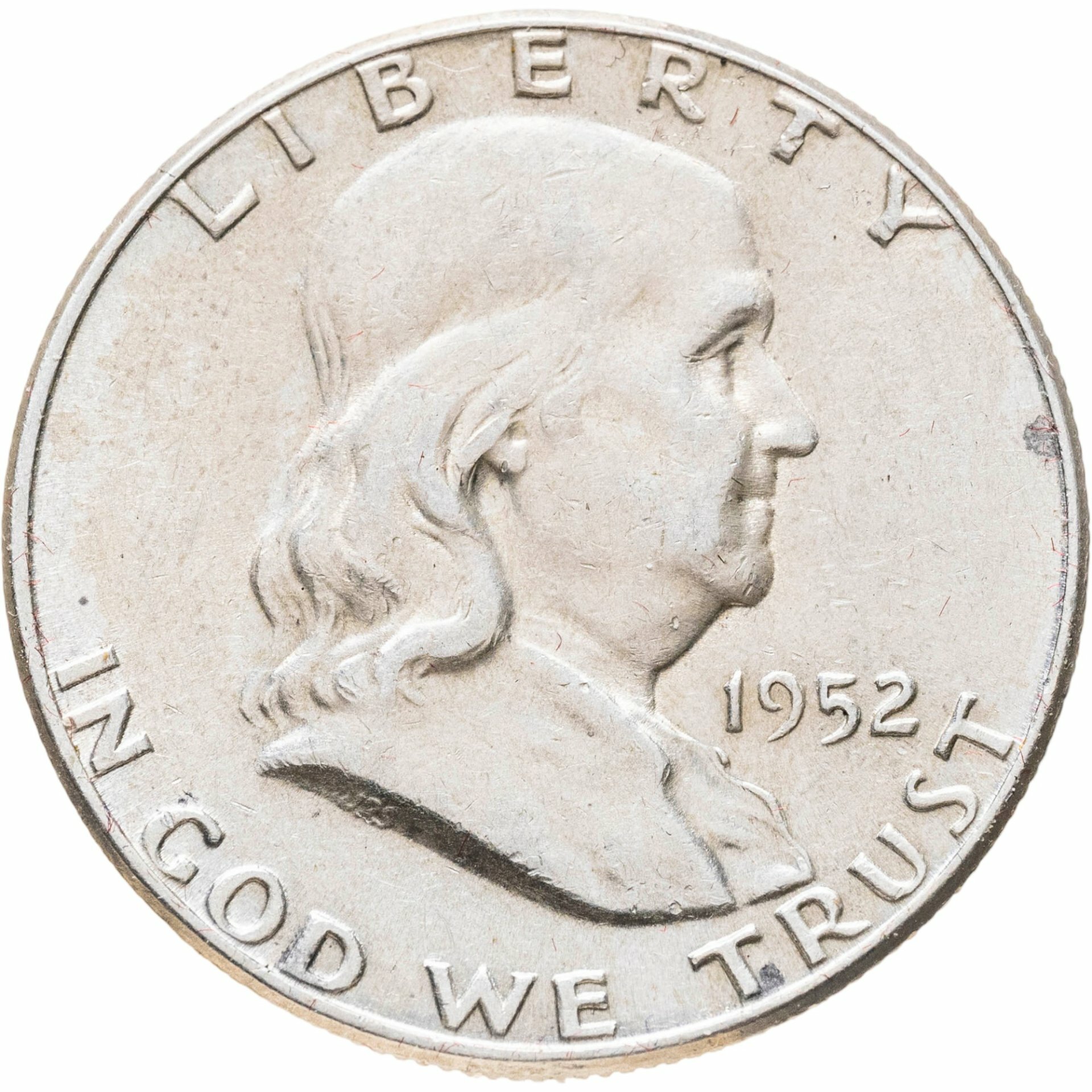 США 50 центов 1/2 доллара, half dollar 1952 Franklin Half Dollar Без отметки монетного двора, Серебро 900, в сохранности AU