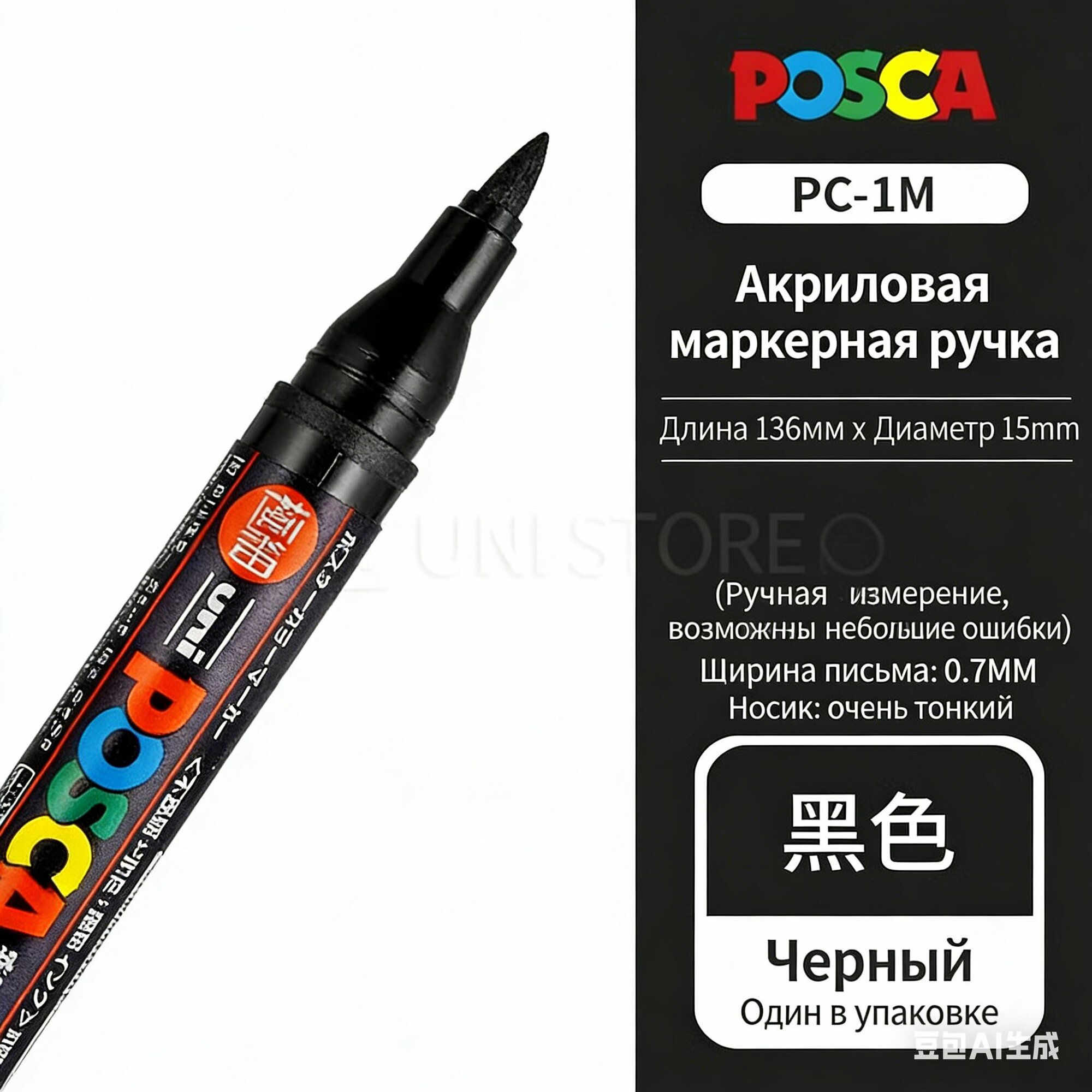 Акриловый маркер UNI POSCA (24), игольчатый наконечник, толщина линии 0,7 мм, чёрный, на водной основе, 1 шт.