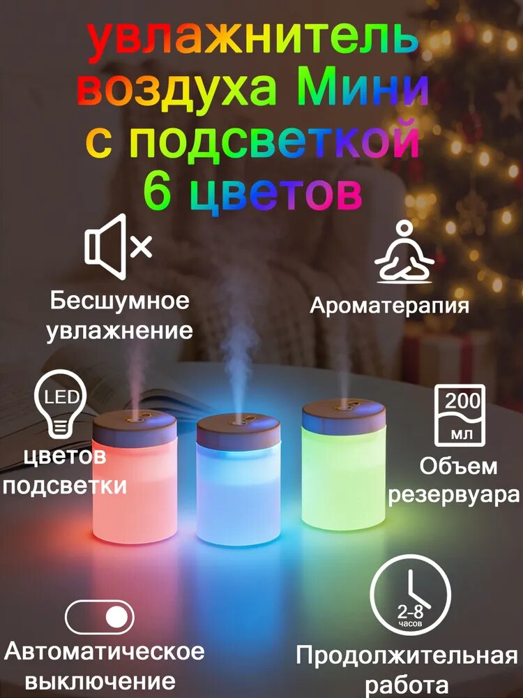 Бесшумный ультразвуковой мини увлажнитель воздуха-аромадиффузор RUISHYY с подсветкой Для дома (настольный) и автомобиля