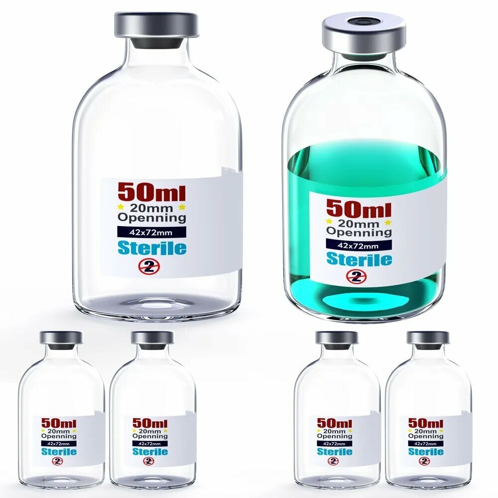 Ks-Tek Стерильные пустые флаконы с серебристой алюминиевой крышкой и бутилкаучуковой пробкой, прозрачные стеклянные пробирки, герметичные флаконы, стерильная упаковка 6шт (50мл).