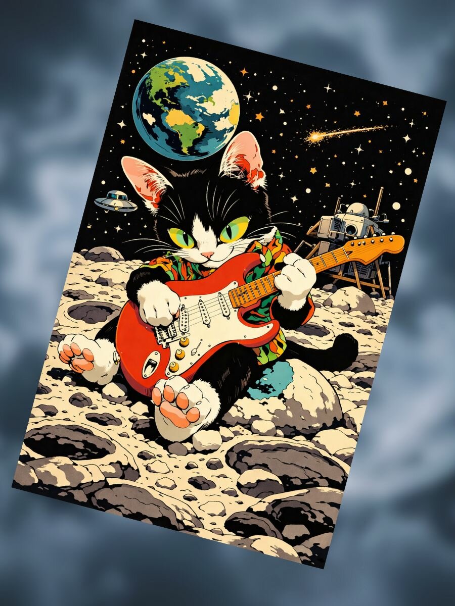 Постер "Кот-Гитарист на Луне", 29.7х42см, А3, глянцевый