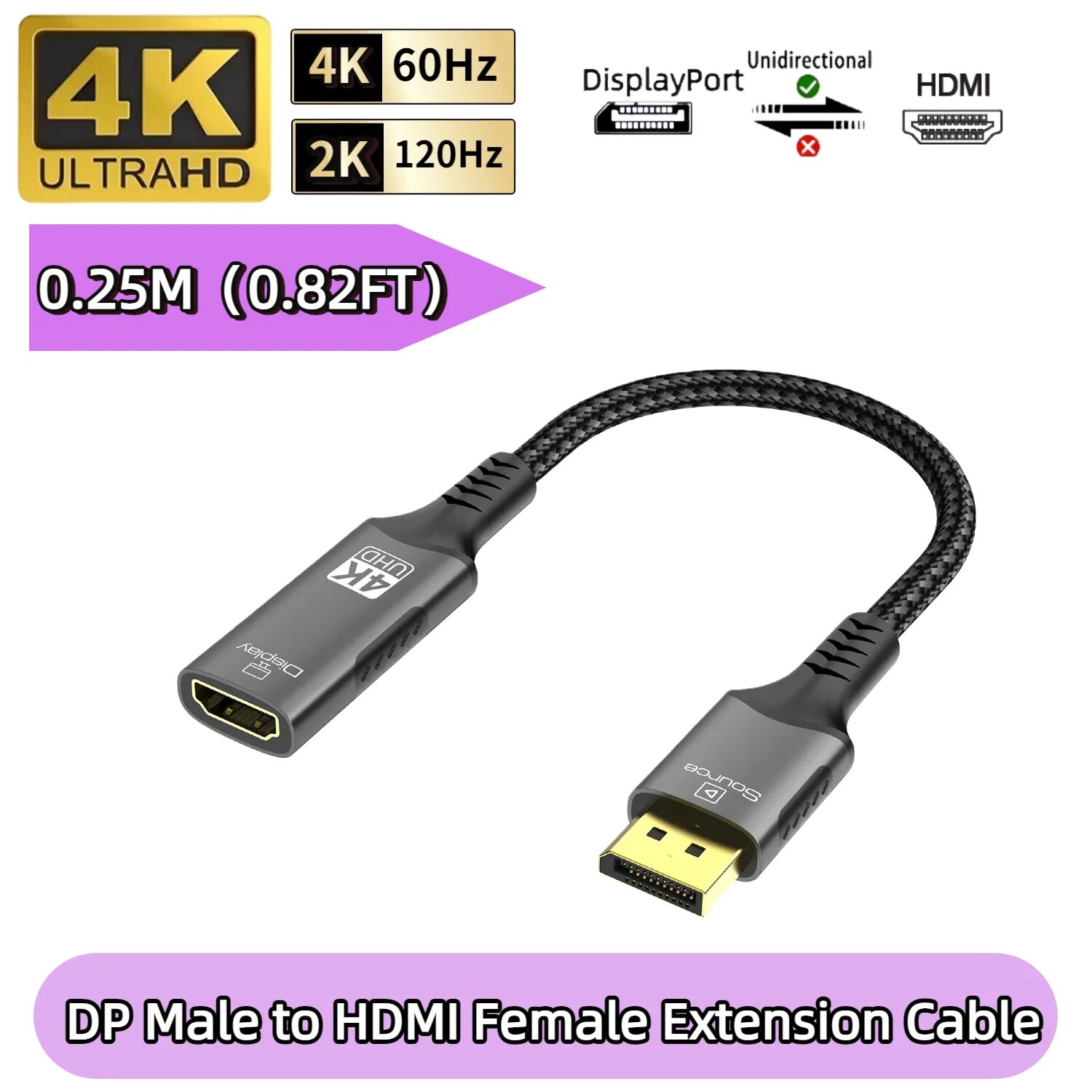 Кабель DisplayPort (DP) Male - HDMI Female, 0.25M, 4K@60Hz