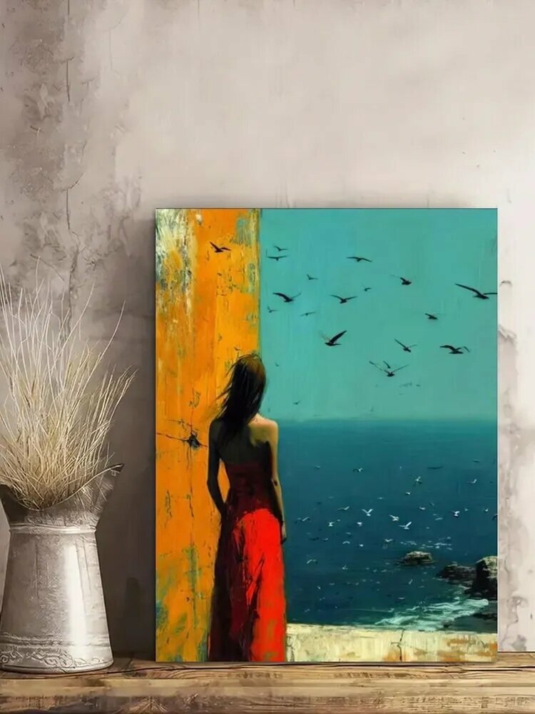 Картина "Девушка в красном платье смотрит на море холстная картина 30 х 40", 40х30 см