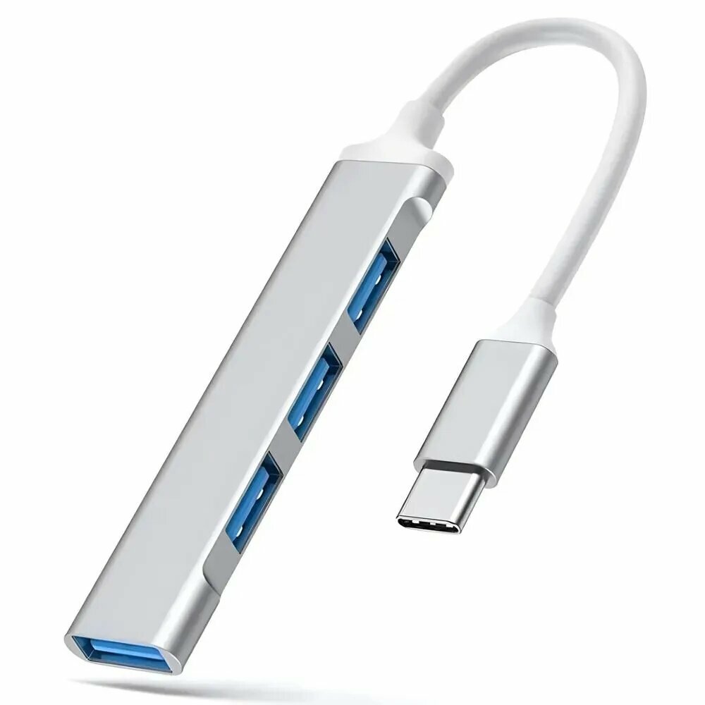 Переходник Type-C Hub, концентратор для ноутбука с поддержкой USB 3.0 на 4 порта, алюминиевый