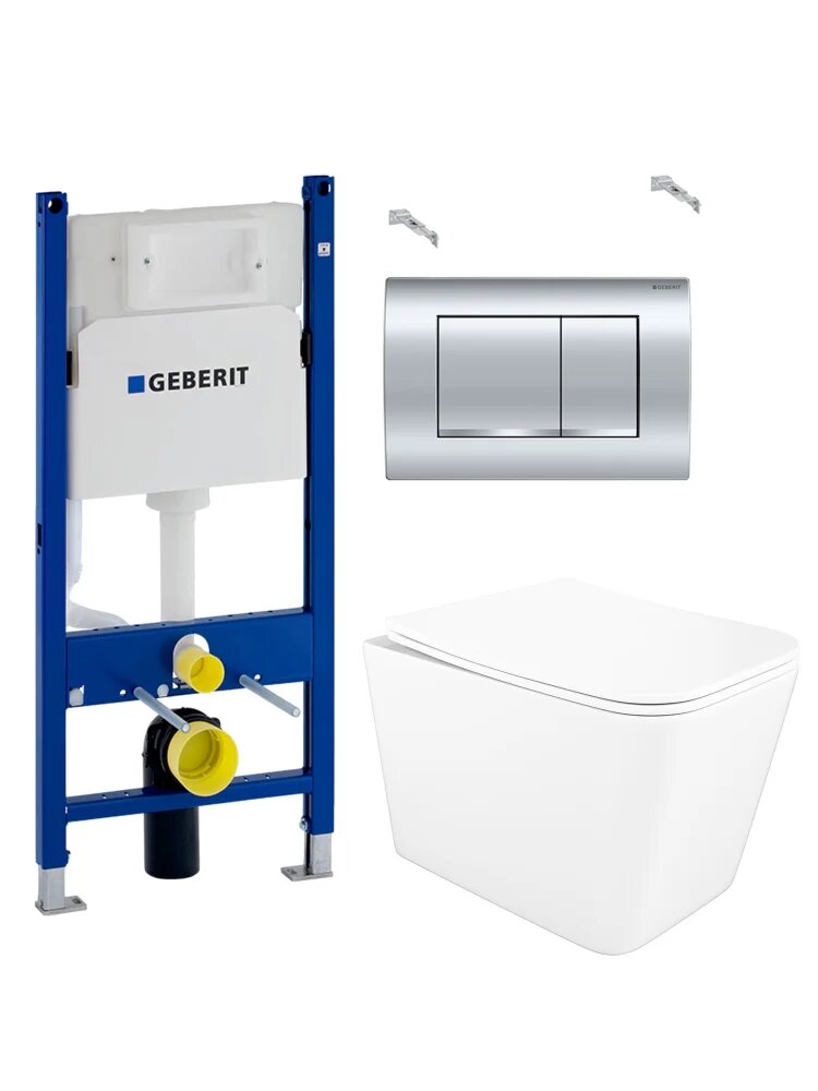 Комплект 5 в 1: Инсталляция Geberit Duofix Delta 458.163.21.2 / Унитаз подвесной STWORKI Молде S23401WH безободковый / Сиденье с микролифтом, Кнопка хром, Комплект креплений