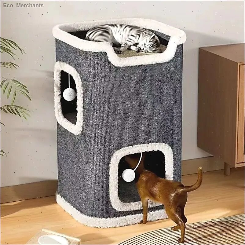 Домик для кошки с когтеточкой Домик трансформер двухэтажный с лежанкой, когтеточкой и игрушкой для животных, кошек и мелких пород собак, серый