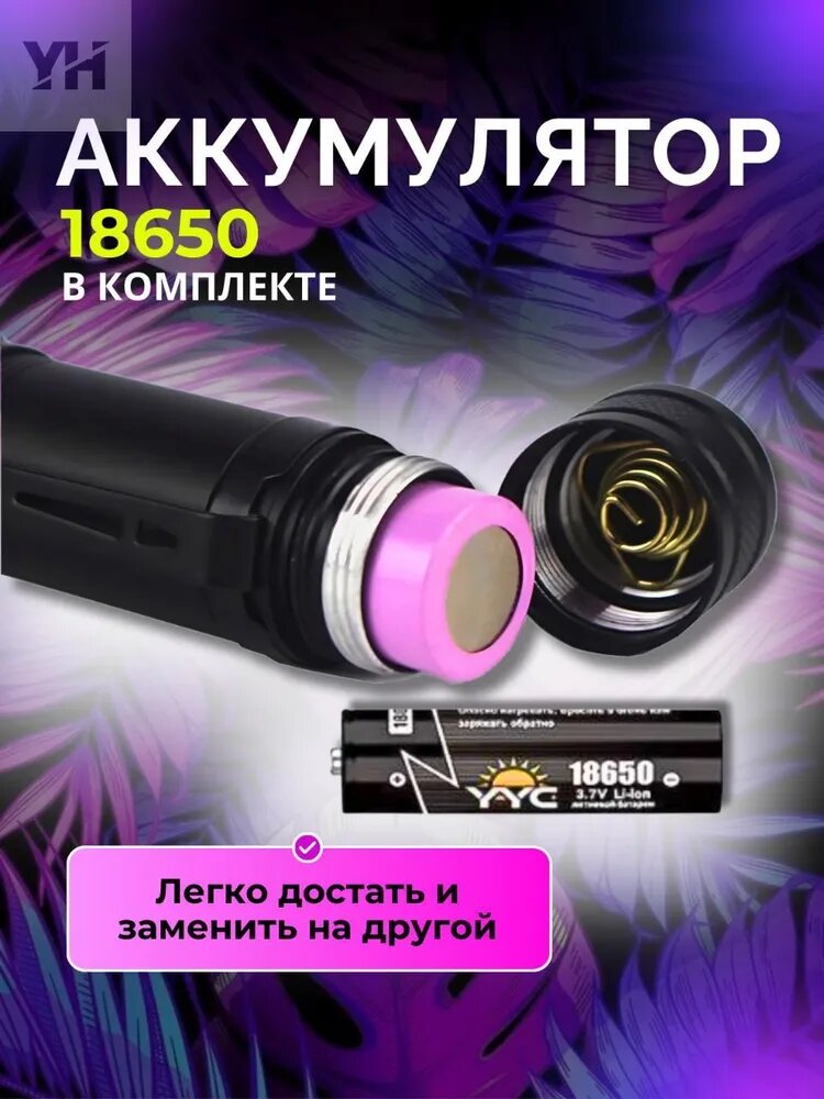 Ультрафиолетовый фонарик на аккумуляторе 18650 с зарядкой Type-c, 12,5 см черный — фото 1