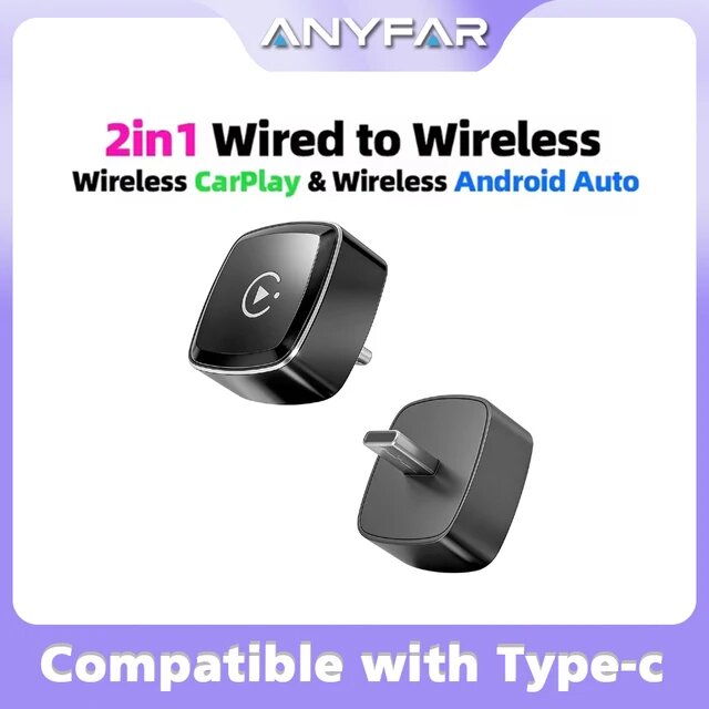 Беспроводной адаптер CarPlay Type-C 2-в-1 с интеллектуальным адаптером Android, совместимый с оригинальными беспроводными адаптерами CarPlay и автомобильными системами Android.