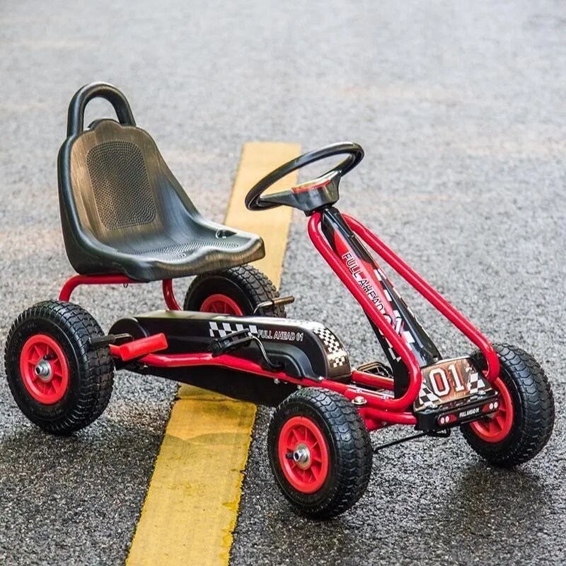 Детский педальный картинг 4-колесный с рулем и регулируемым сиденьем , Ручной тормоз безопасности, нескользящие шины , Для наружных прогулок и бездорожья (Красный)
