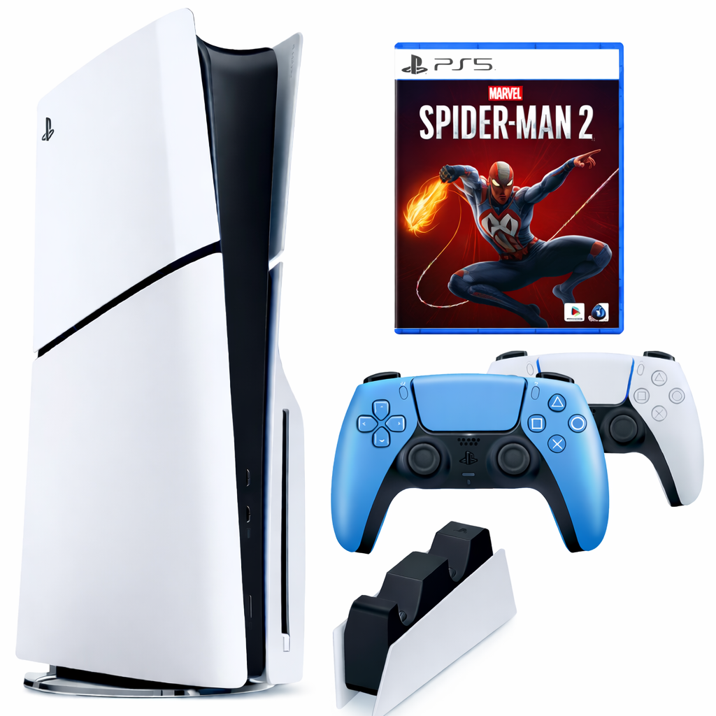 Игровая приставка PS5 Slim с дисководом 2-й геймпад голубой + игра Spider Man 2, зарядная станция