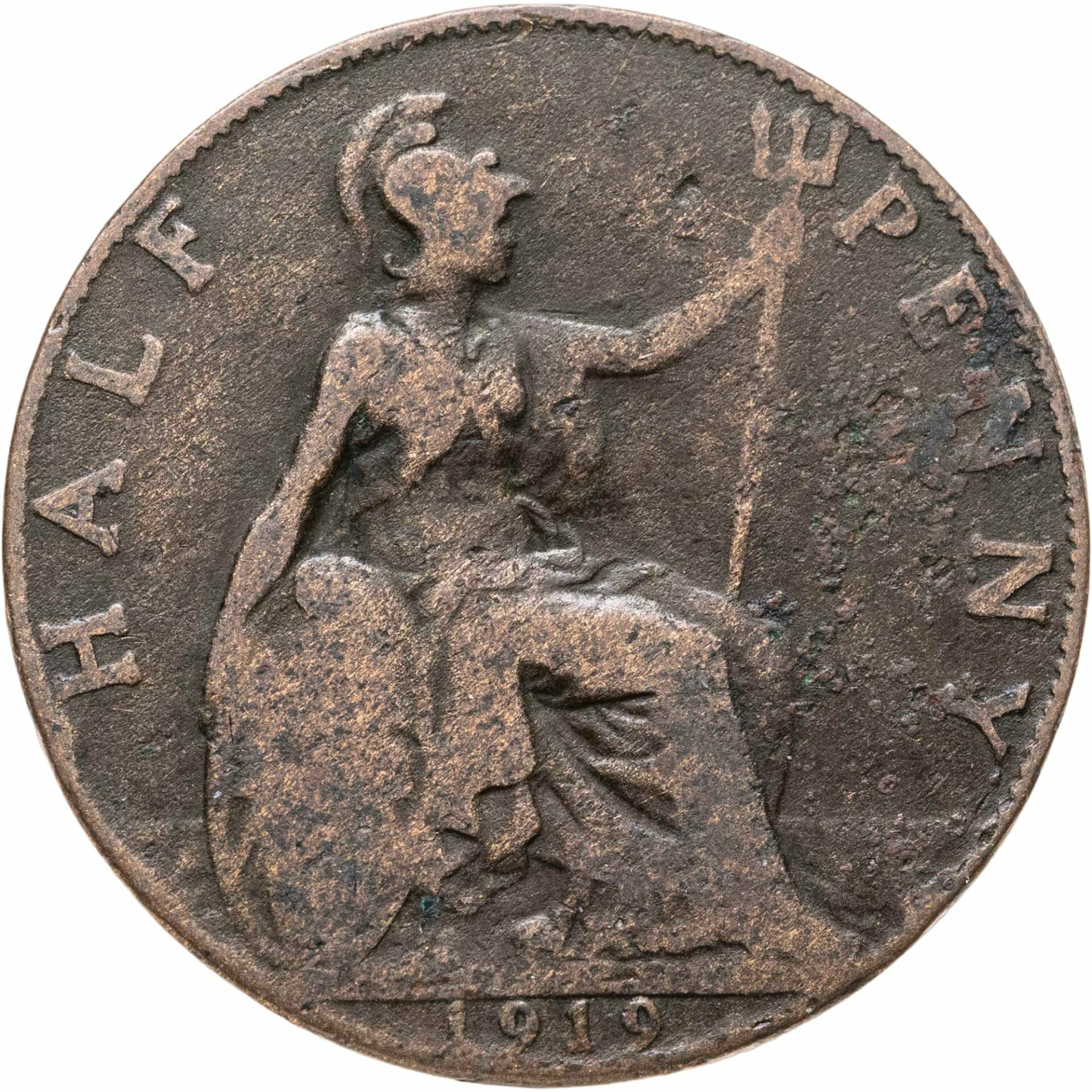Великобритания 1/2 пенни penny 1919, Бронза, в сохранности F