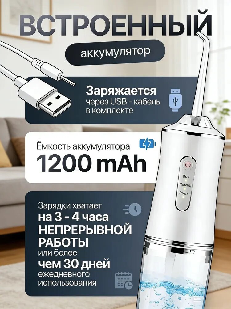 Ирригатор бирюзовый для полости рта с 3 режимами и 4 насадками, 30 дней без подзарядки — фото 1