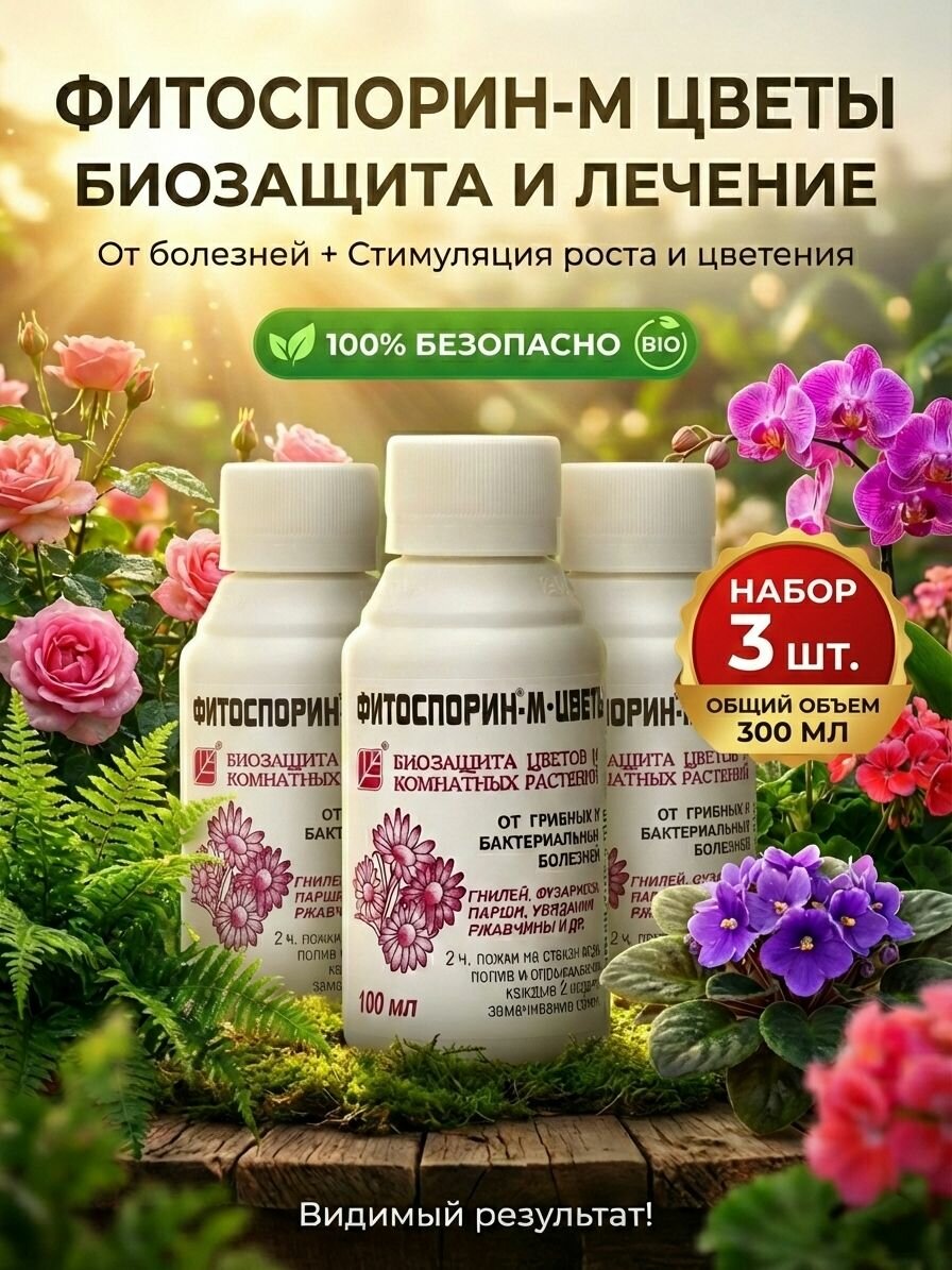 Фитоспорин-М "Цветы" жидкий, 3 шт по 100 мл. Средство для укрепления иммунитета садовых и комнатных декоративных растений, защищает от грибковых, бактериальных и вирусных заболеваний
