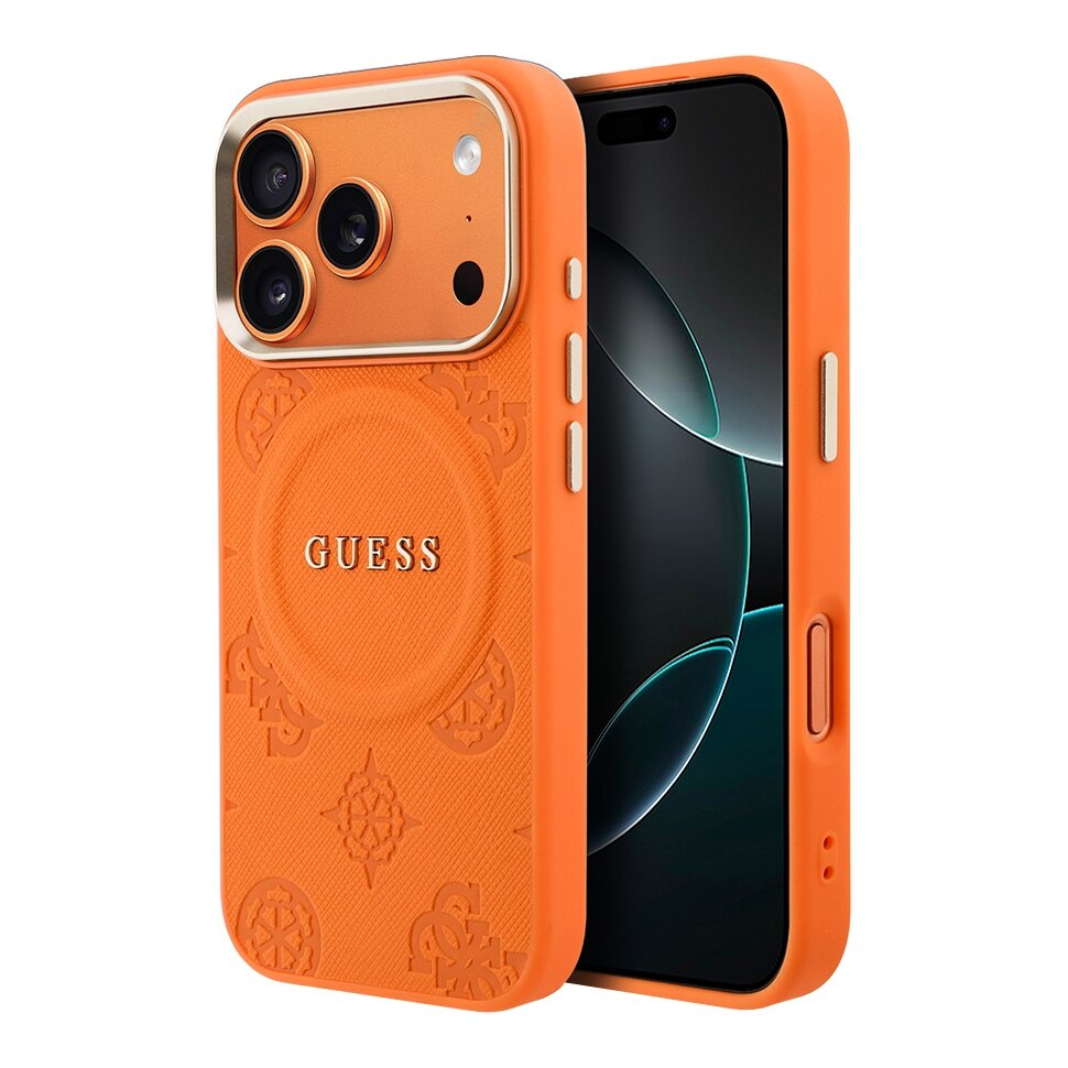 Guess чехол с MagSafe для iPhone 17 Pro, PU кожа Saffiano Peony, с защитой камеры, оранжевый