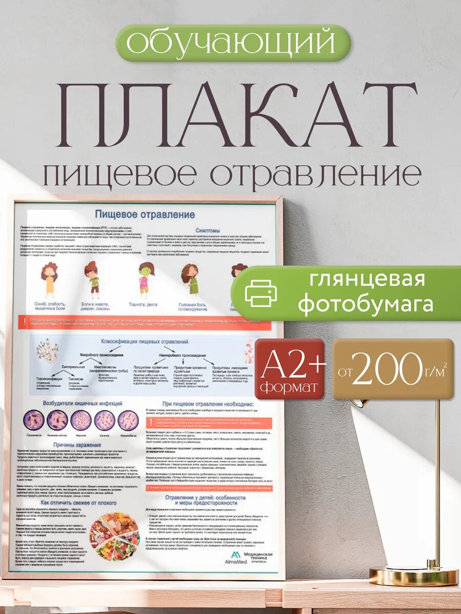 Пищевое отравление, медицинский плакат, глянцевая фотобумага от 200 г/кв. м, размер A2+