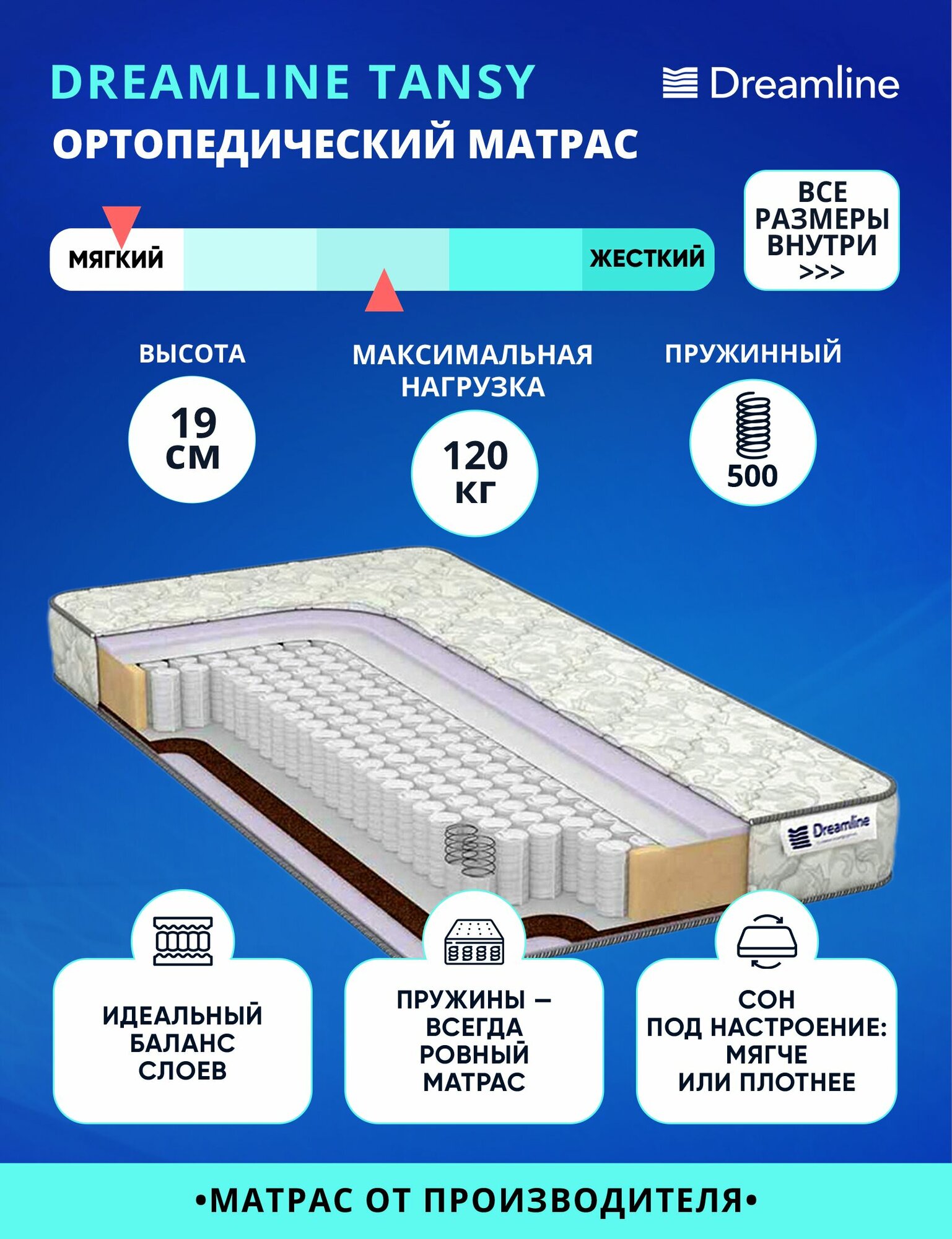 Матрас Dreamline Tansy 70х185 серии Lux высота 19 см анатомический средней жесткости мягкий Независимые пружины