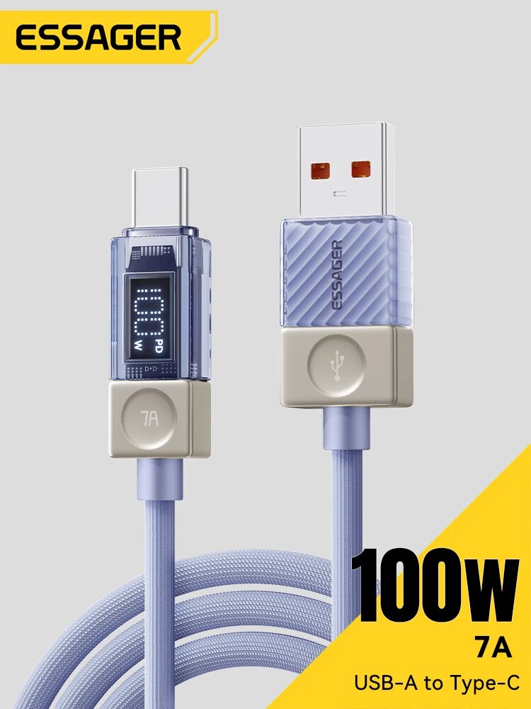 Кабель Essager с цифровым дисплеем USB-C для Huawei Xiaomi 100 Вт, быстрая 1 м, 7A 100W A To C Blue