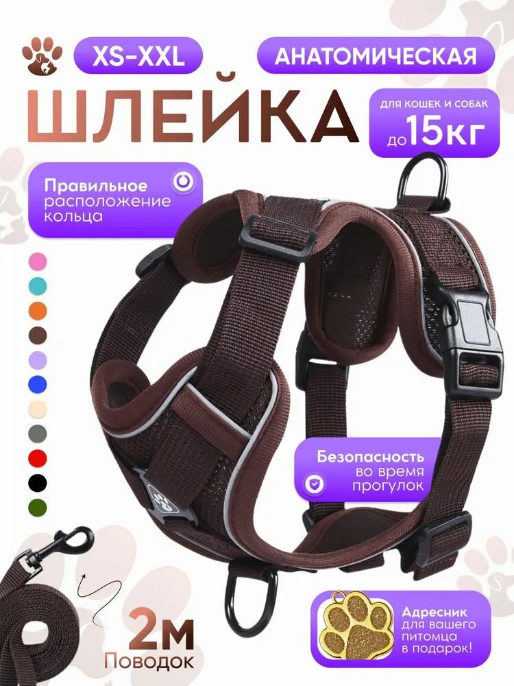 Шлейка для собак мелких и средних пород, анатомическая с поводком 2 метра , размер XL, цвет коричневый