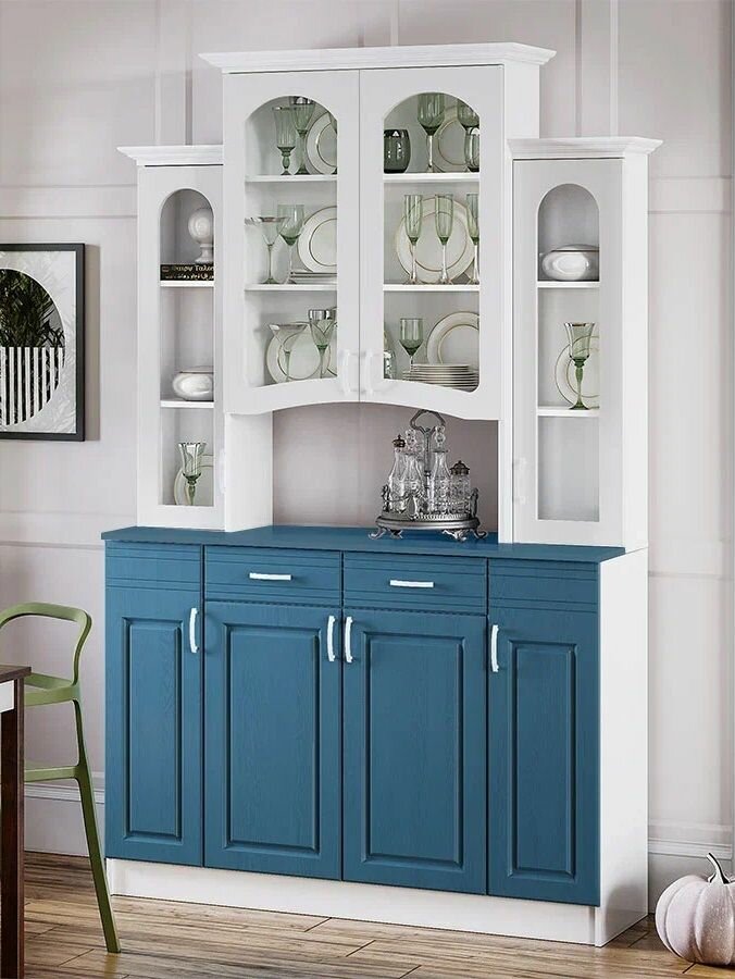 Буфет для кухни Констанция, кухонный шкаф витрина для посуды напольный с фасадами МДФ, 140х225х43 см, Джинс, Белый матовый/Белый