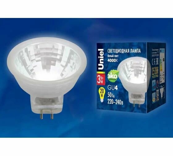 Светодиодная лампа Uniel LED-MR11-3W/NW/GU4/220V GLZ21TR, 220V. Прозрачная