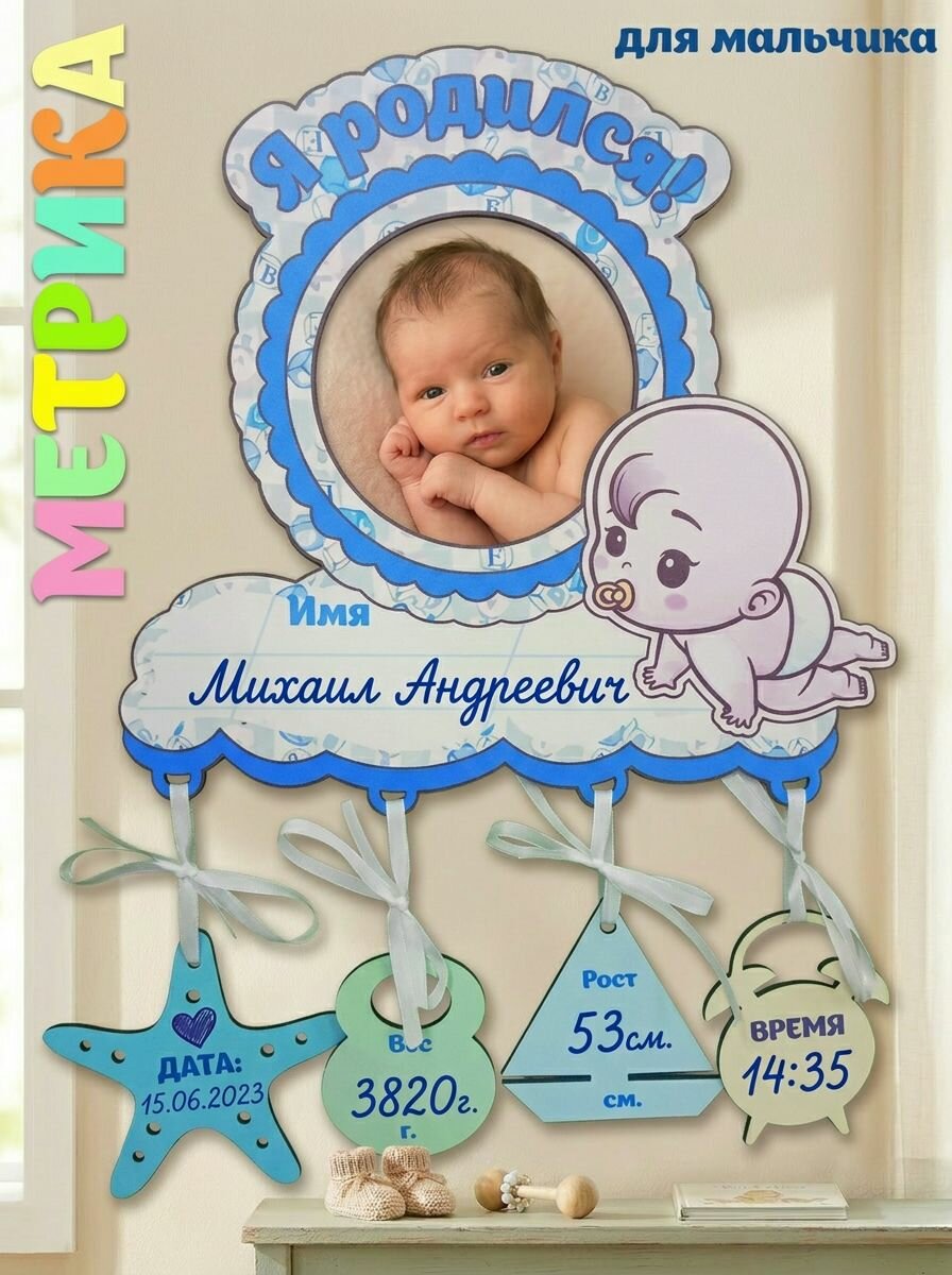 Метрика для новорожденного мальчика "Я родился" с фоторамкой