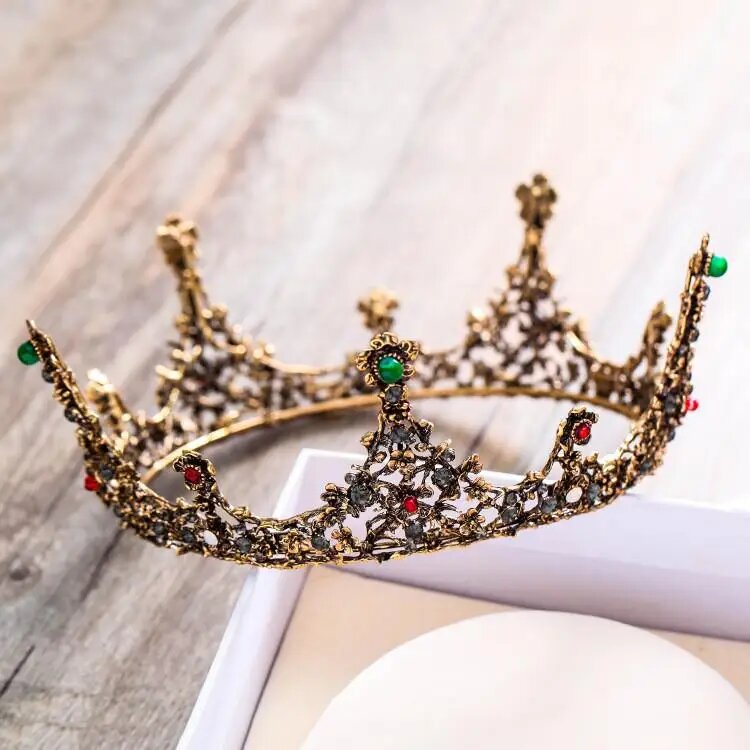 В стиле барокко в винтажном стиле золотого цвета, с отделкой стразами, круглые бусины свадебная тиара черный Королевская корона королевы Стразы Пышные свадебные украшения для волос в виде короны