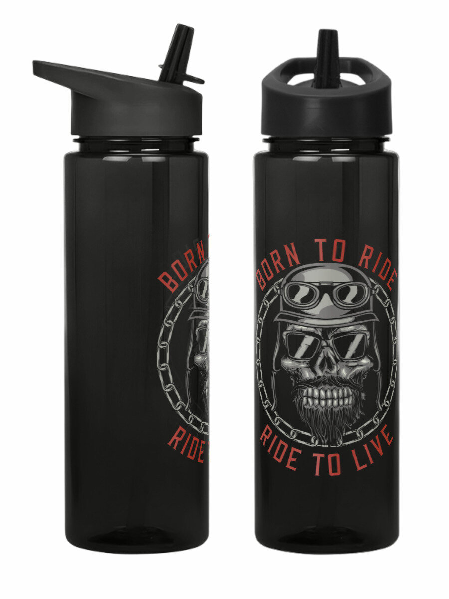 Бутылка черная для воды с принтом Череп байкер в очках. Скелет, мотоцикл, гонщик