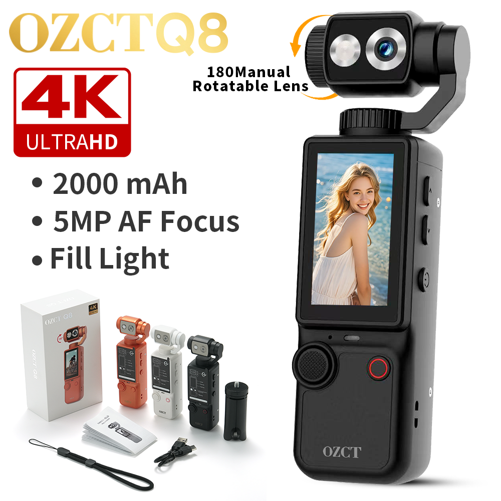 Экшн-камера Q8 4K Ultra HD с поворотным объективом 180°, автофокусом и подсветкой, 2000mAh, 2" IPS,32 ГБ памяти