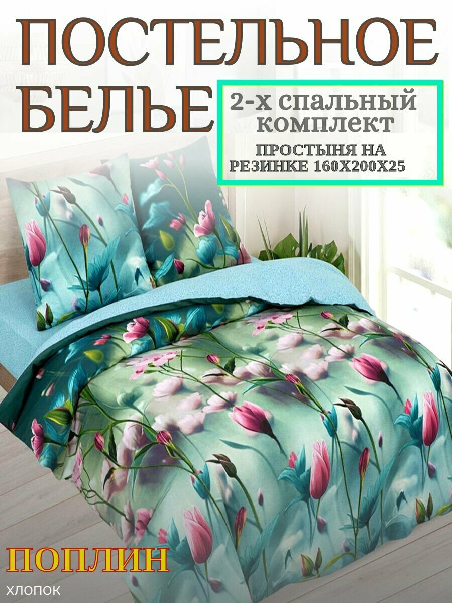 Постельное бельё Yason-Tex "Жизель", поплин, комплект 2 спальный простыня на резинке 160х200, цвет зелёный