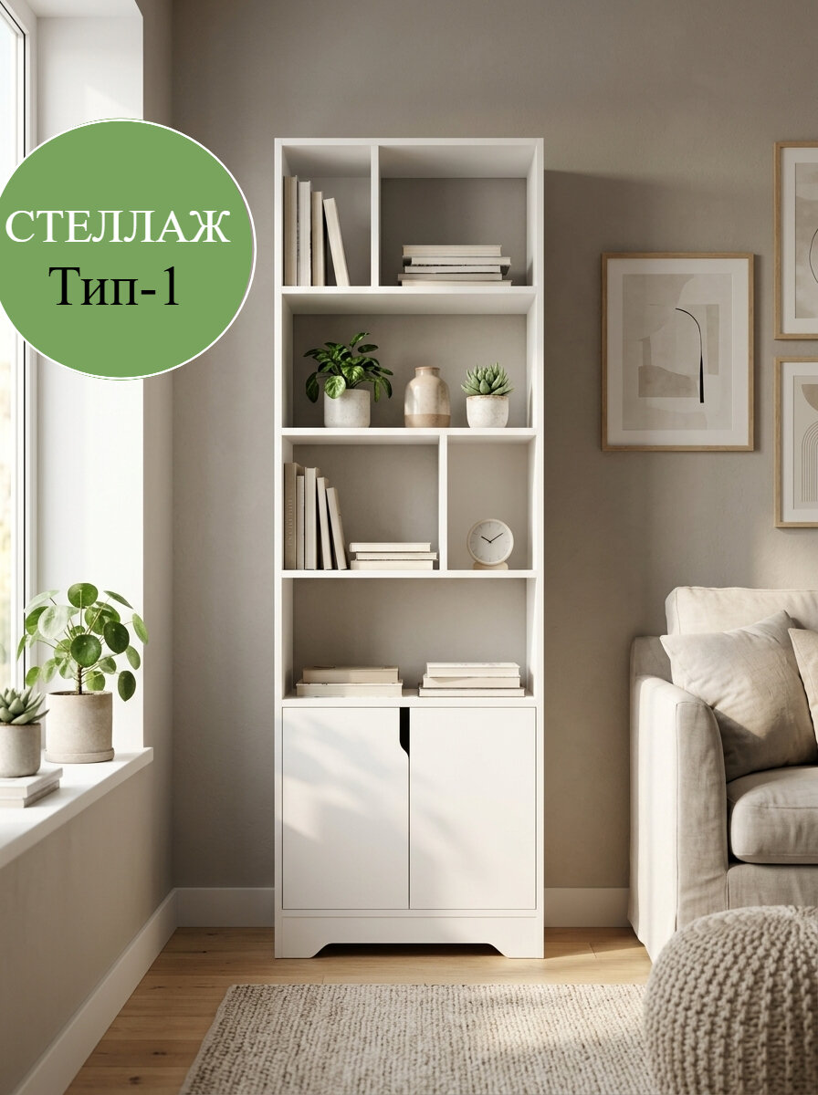 Стеллаж деревянный напольный для игрушек и книг с полками / перегородка для зонирования Тип-1 Белая шагрень