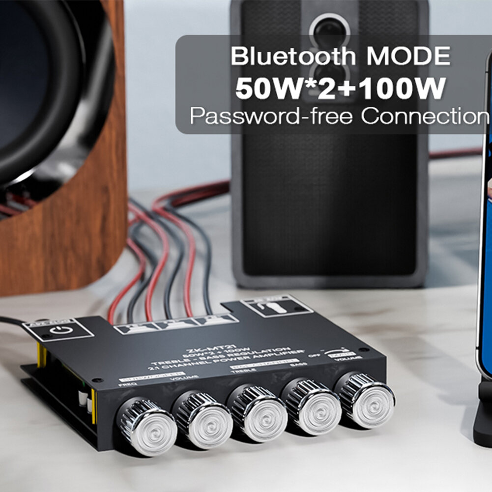 Цифровой Bluetooth-усилитель 2.1 канала: 2 50 Вт + 100 Вт, регулировка НЧ/ВЧ