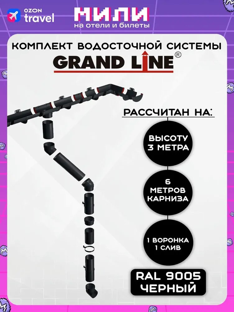 Комплект водосточной системы Grand Line черный 6 метров (120мм/90мм) водосток для крыши пластиковый Гранд Лайн (RAL 9005) черный янтарь