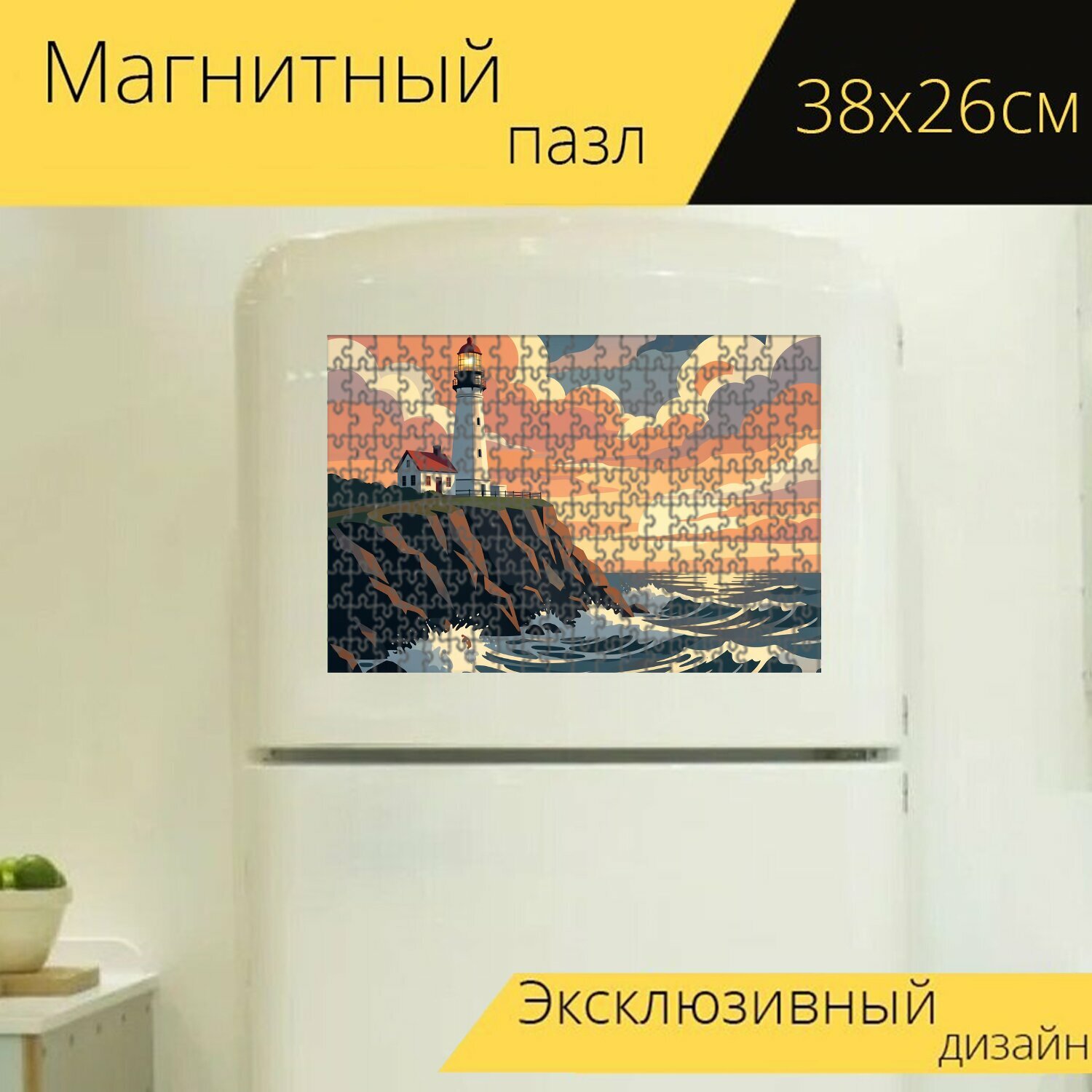 Магнитный пазл "Маяк на скалистом берегу. Живописный морской пейзаж в стиле иллюстрации: белая башня с огнём на фоне закатного неба, драматичные облака." для интерьера, 38х26 см.