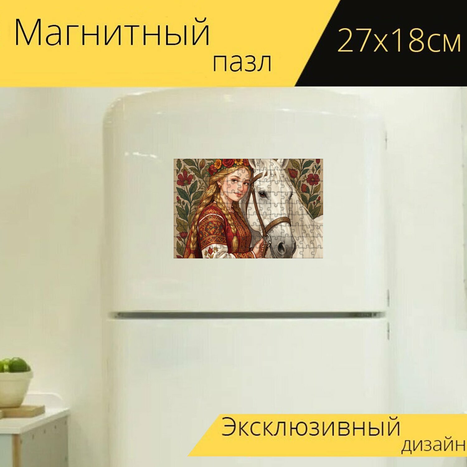 Магнитный пазл "Девушка с белой лошадью. Славянская девушка с длинными косами в красном народном наряде, рядом белоснежный конь. Цветочный венок." на холодильник 27 x 18 см.
