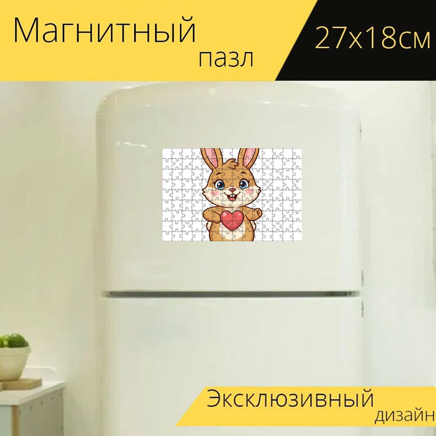 Магнитный пазл "Милый веселый мультяшный зайчик с сердечком" на холодильник 27 x 18 см.