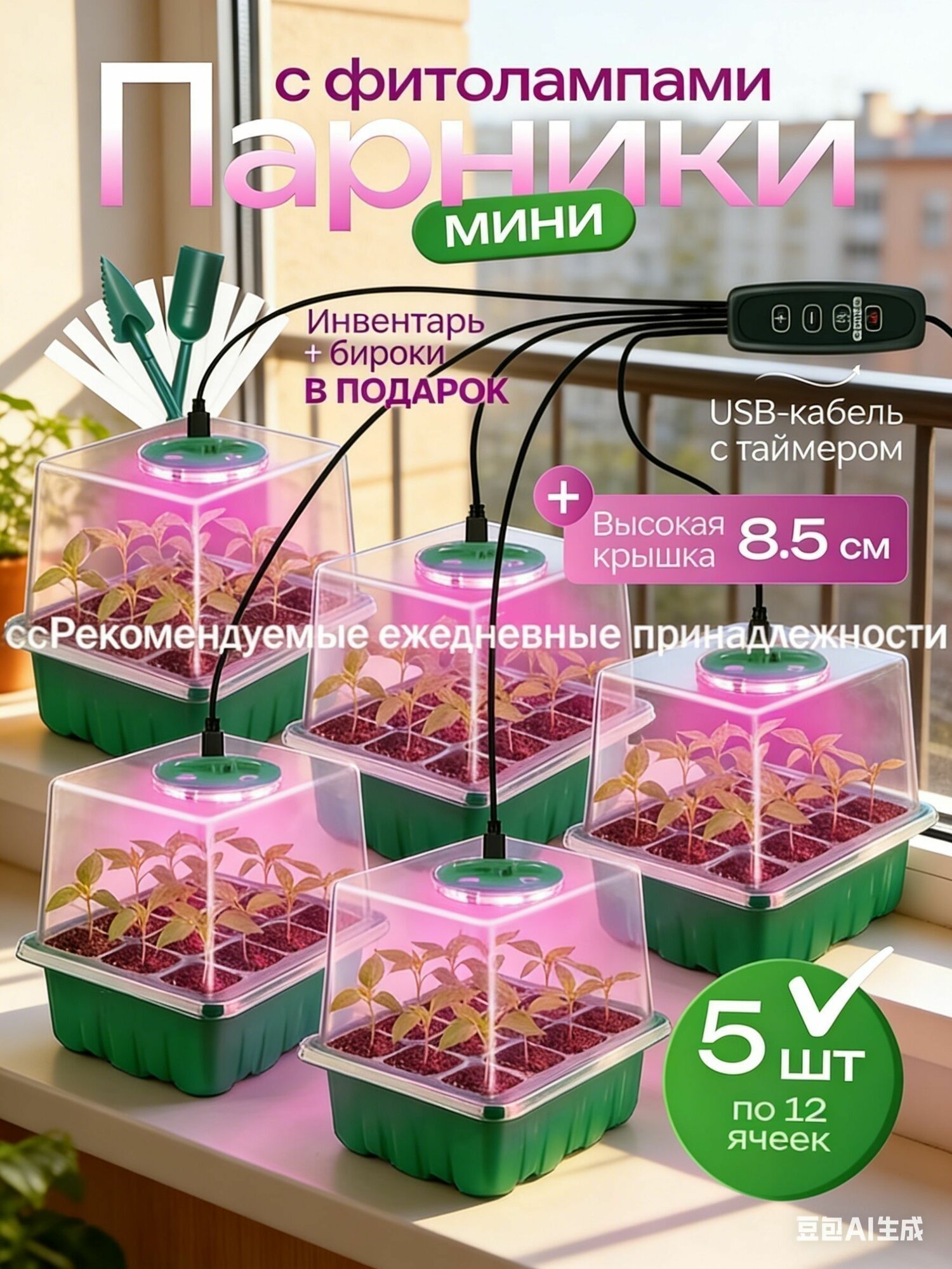 Мини парник для рассады с подсветкой и крышкой, набор 5 шт по 12 ячеек, фитолампа с таймером, мини теплица на подоконник