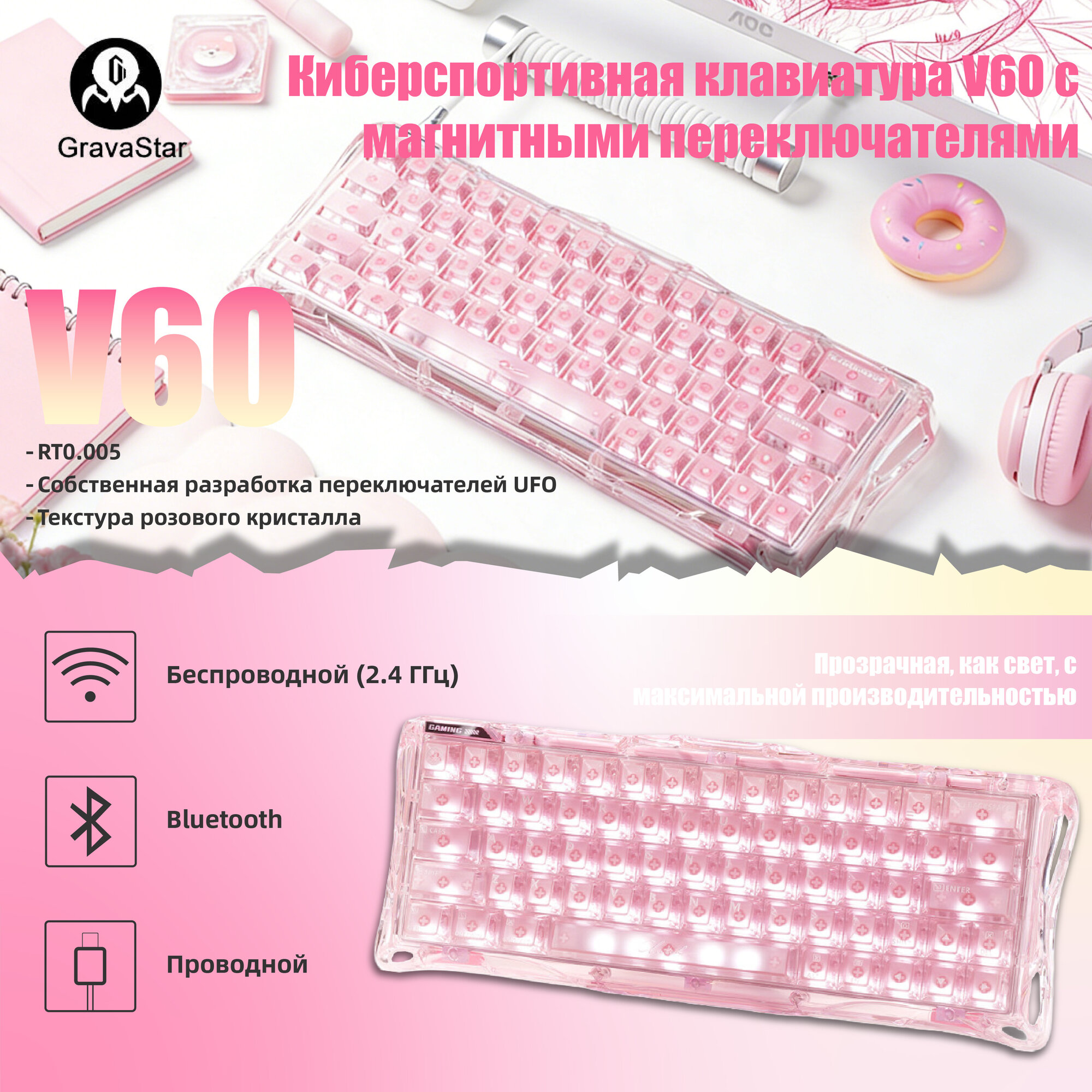 GravaStar V60 — Механическая клавиатура с магнитной осью замораживания сердца, частота опроса 8K, Прозрачный розовый
