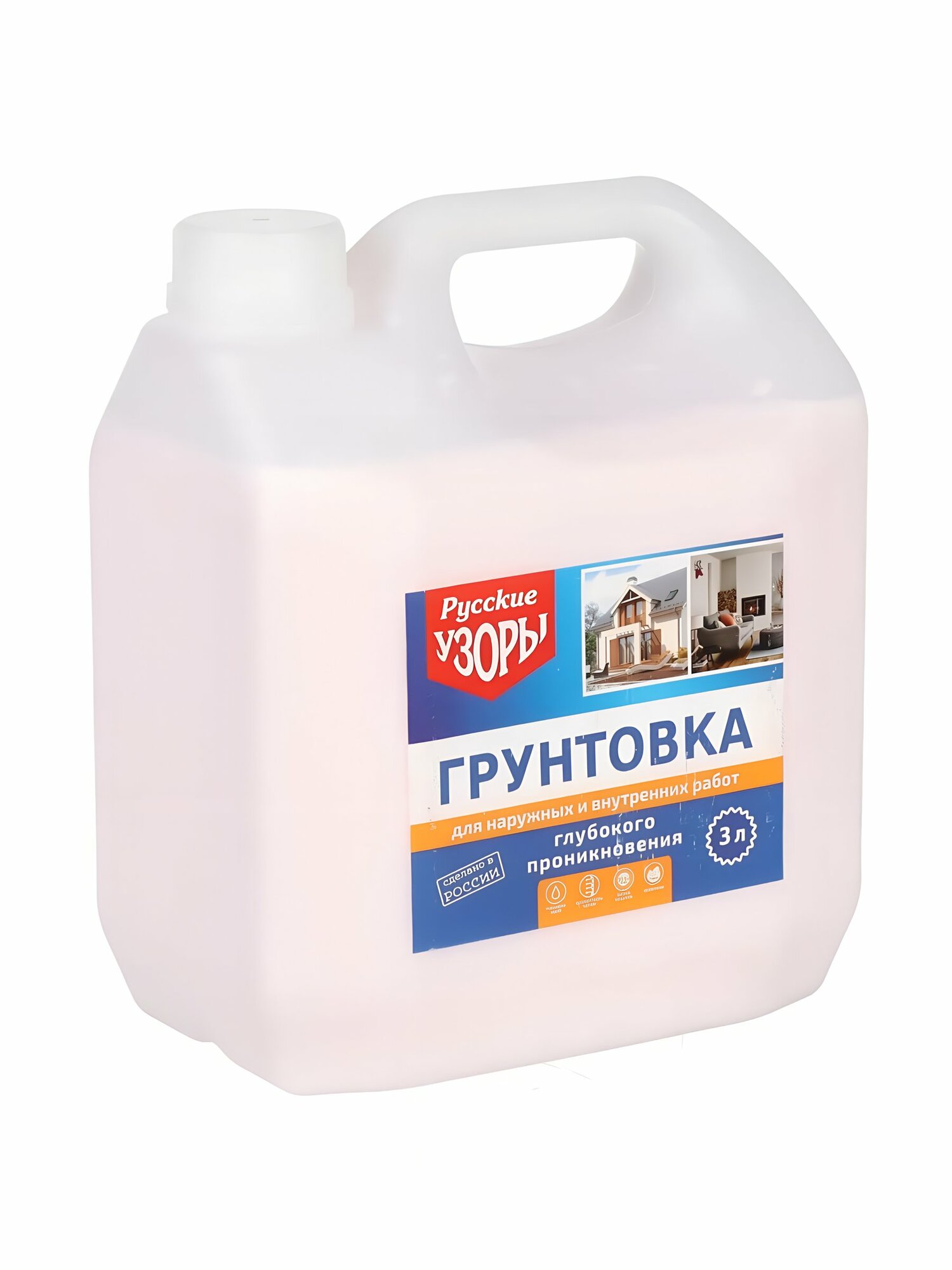 Грунтовка воднодисперсионная, акриловая, Русские узоры, глубокого проникновения, для внутренних и наружных работ, 3 л