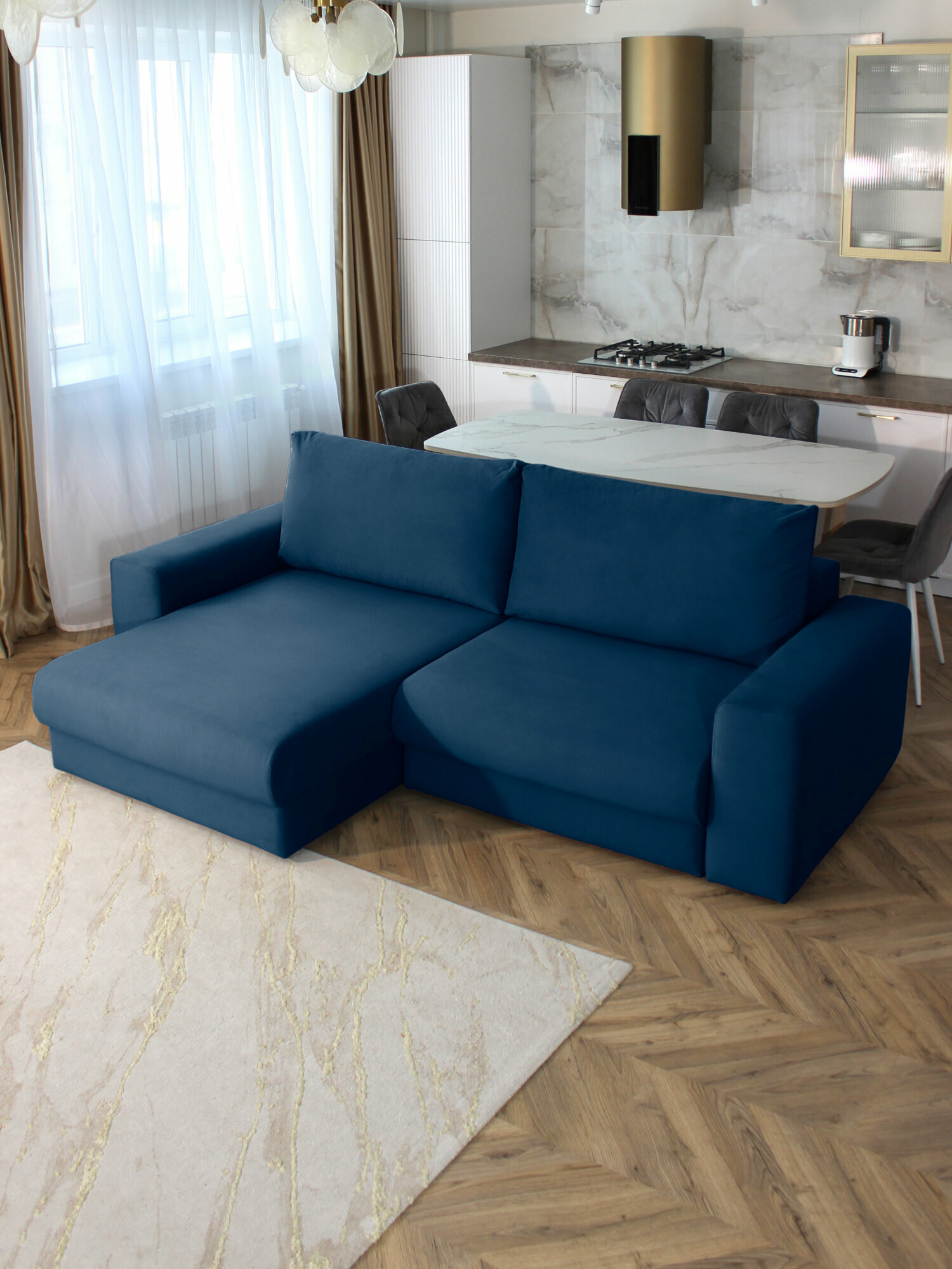 Диван-кровать угловой Лофт синий, левый угол, Независимый Пружинный Блок, механизм выкатная Еврокнижка, 250х155х65 см