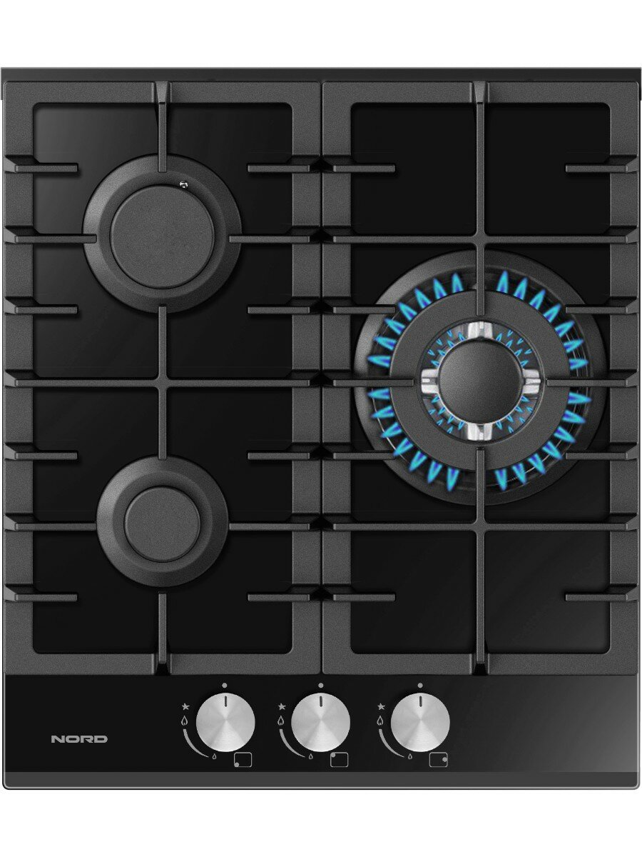 Варочная панель газовая NORD HS 4532 B на 3 конфорки, электроподжиг, черная эмаль