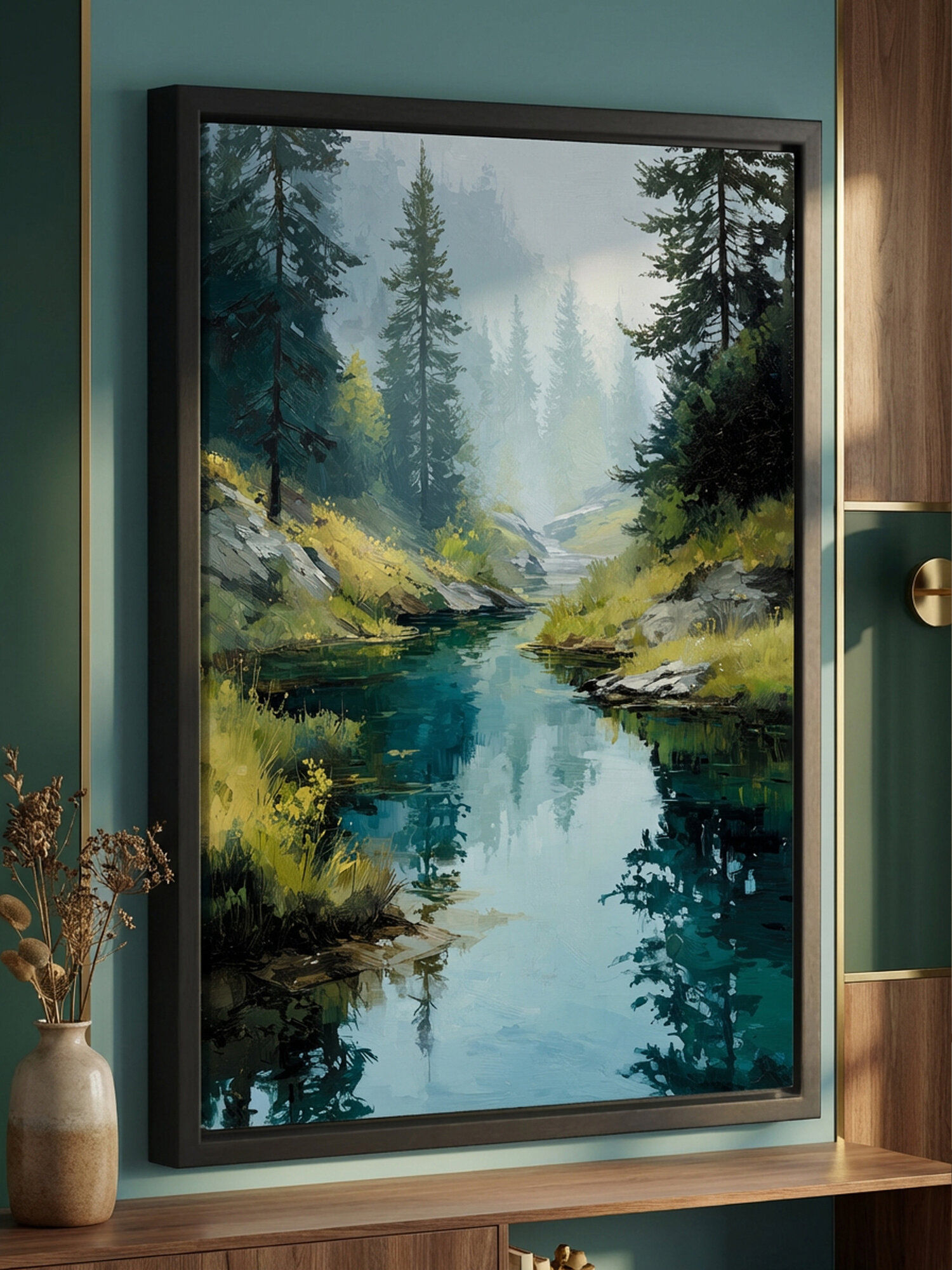 Картина в тёмной раме Postermarket "Речка в лесу" на холсте в раме, 50x70 см