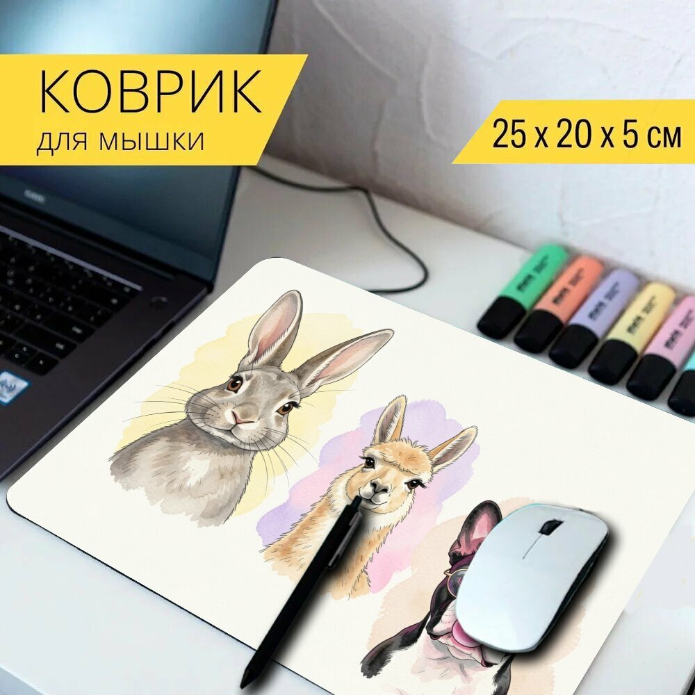 Коврик для мыши с принтом "Три милых животных в акварели. Очаровательная акварельная композиция с зайцем, ламой и собакой в очках с жвачкой. Пастельные оттенки, нежный фон." 25x20см.