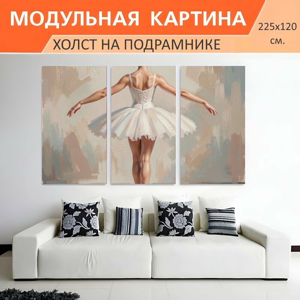 Модульная картина на холсте "Балерина в белой пачке. Изящная танцовщица со спины в позе у станка, в нежном пастельном интерьере." триптих на подрамнике 225х120 см. для интерьера